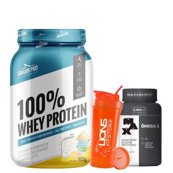 100% Whey Protein Shark Pro (900g)+Ômega 3 Pote com 90 Cápsulas - Max ...