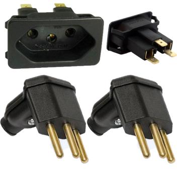 2 Plug Plugue Macho 3 Pinos 90 Graus + 2 Tomada Fêmea 10a Embutir ...