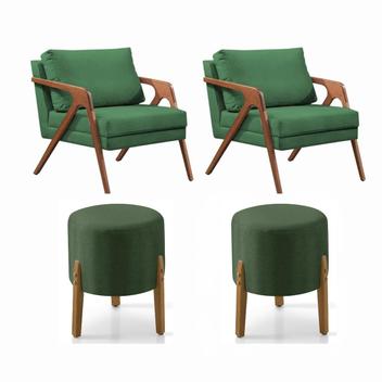 2 Poltronas Mona Decorativa + 2 Puff Thor Linho Verde Base em Madeira ...