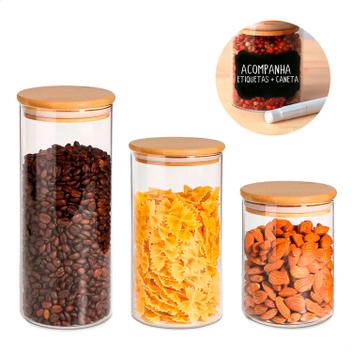 3 Potes Herméticos de Vidro 200ml, 300ml e 400ml com Etiquetas e Caneta ...