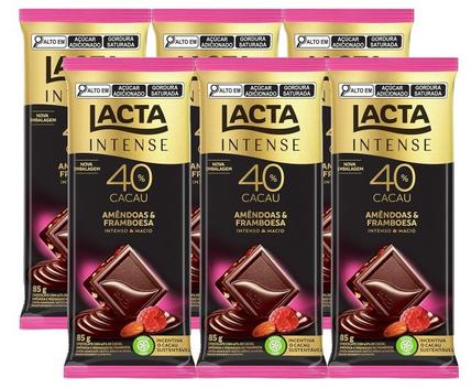 6 chocolate 40% cacau amêndoas & framboesa lacta intense 85g ...