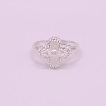 Anel trevo fios lisos, borda de bolinhas e zircônia ao meio, prata 925 ...