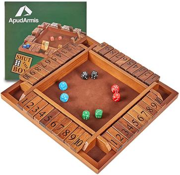 ApudArmis 4-Way Shut The Box, Large Wooden Board Game Set with Dice, 4 ...