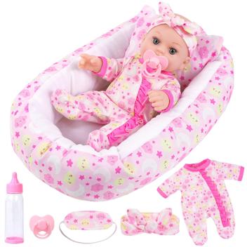 Baby Doll DONTNO 30 cm com cama de berço Soft Sleep e roupas - Bonecas ...