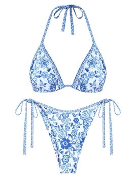 Biquíni ZAFUL Triangle para mulheres Halter, 2 peças, azul, floral ...