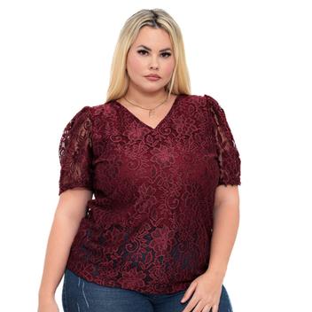 Blusa de Renda Plus Size Gola V Manga Curta - SEROY - Blusa Plus Size ...