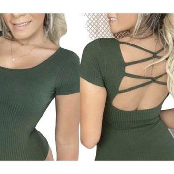 Body blusa canelada manga curta tiras transpassada nas costas feminino ...