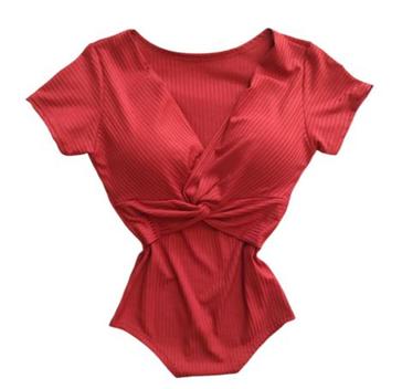 Body blusa feminino decote transpassado manga curta canelado tendência ...