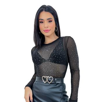 Body Blusa Manga Longa Tule Pedraria Brilho Strass Festa - Swiss ...