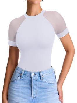 Bodysuit REORIA Sheer Mesh, manga curta, gola redonda, branco - Rash ...