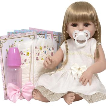 Boneca Reborn Loira Sofia 46cm Vestido Bege Lindo + Itens - Cegonha Reborn Dolls - Bonecas ...