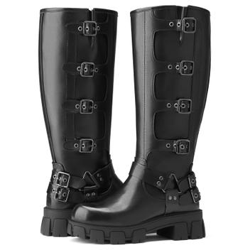 Botas de cano alto SUEDI Buckle Biker Riding Round Toe Femininas - Bota ...