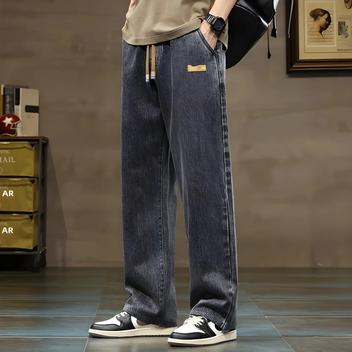 Calça Jeans Masculina Perna Reta Azul Cinza Y2k Com Cordão Casual Perna ...