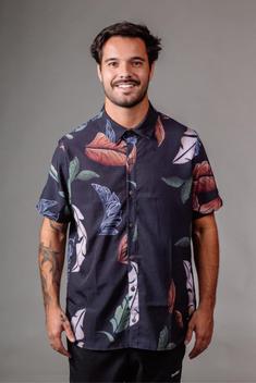 Camisa estampada floral de viscose masculina manga curta de botão ...