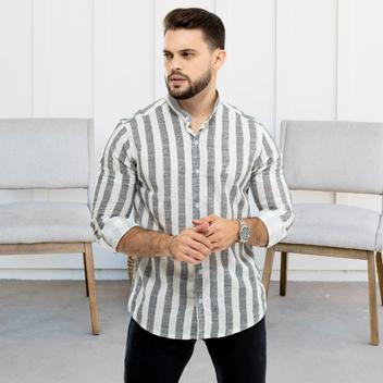 Camisa Social Masculina Manga Longa Listrada Linho Flamê Gola Padre ...