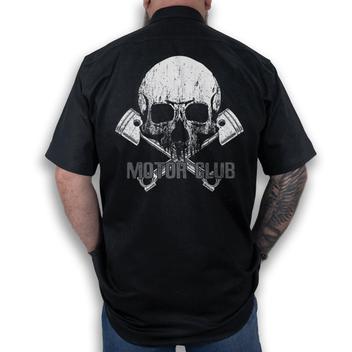 Camisa Workshirt Preta Motor Club Skull Pistão Mecânico Old School No ...
