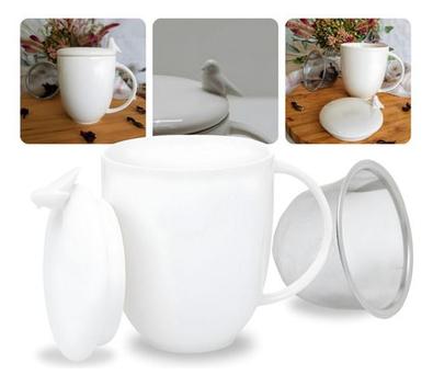 Caneca Chá Porcelana Com Infusor E Tampa Birds Branca Wolff - Rojemac ...