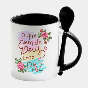 Caneca com Interior e Colher Preta Porcelana 325ML FRASE O QUE VEM DE DEUS TRAZ PAZ - Criatics ...