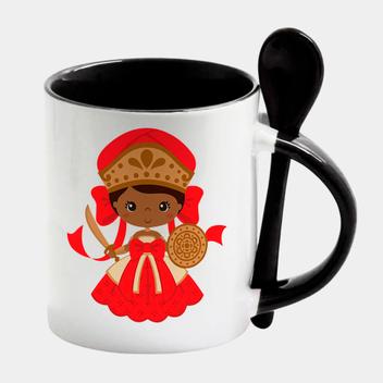 Caneca com Interior e Colher Preta Porcelana 325ML OBA UMBANDA DESENHO ...