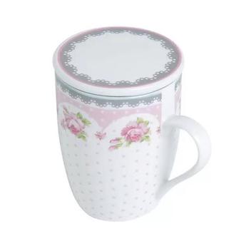 Caneca De Cha Com Tampa e Filtro Infusor Porcelana Rosa E Branca 310ml ...