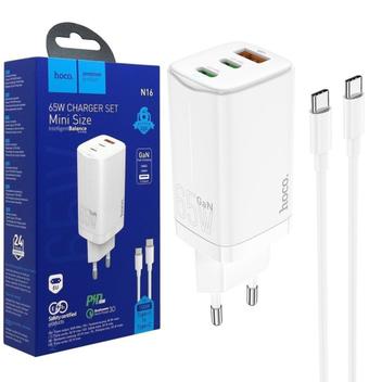 Carregador rápido Hoco. GaN 65W PD 2x USB-C + 1x USB-A C/ cabo USB-C/USB-C 1m, - Carregador de ...