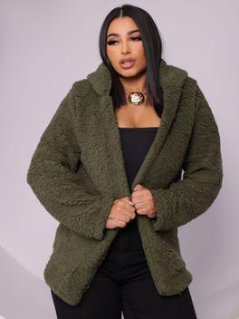 Casaco Teddy Feminina Com Capuz, Bolsos nos Laterais e Forro Interno ...