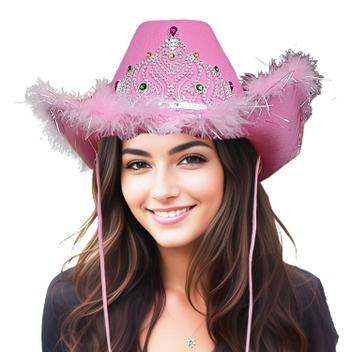 Chapéu Rosa Cowboy com Plumas Tiara de Princesa: Boiadeira Country ...