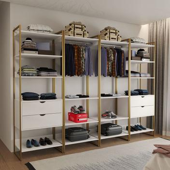 Closet Industrial Casal Completo Loft Branco 4 Módulos Cabideiro com Gavetas Base Dourada - CASA ...