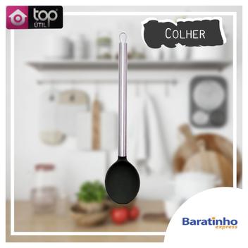 Colher De Servir Silicone Preto Cabo Aço Inox Cozinha 33cm - Top Útil ...