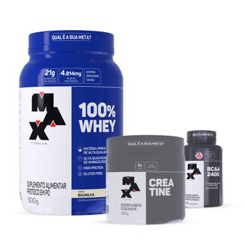 Combo Max Titanium 100% Whey 900g, Creatina 300g e BCAA 60 Cápsulas ...