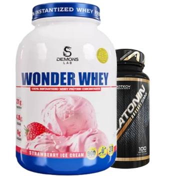 Combo Wonder Whey Concentrado 900g (Morango) + Vitamina Importada Para o Sono 100 Cápsulas ...