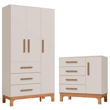 Cômoda com Guarda Roupa Infantil Pega Pega 3 Portas Off White Caramelo ...