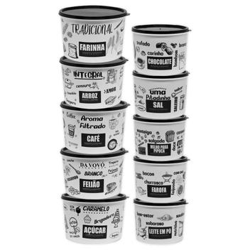 Conjunto 10 Potes Mantimentos Plástico Com Tampa Decorado Black White ...