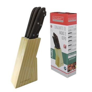 Conjunto 5 Facas e Cepo Faqueiro Essential Inox Cozinha Chef Suporte ...