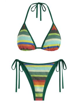 Conjunto de biquíni ZAFUL Colorblock Stripes Triangle Halter Green ...