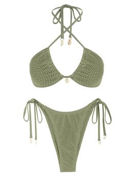 Conjunto de biquíni ZAFUL Fishnet Triangle Tie Halter Bandeau Green ...