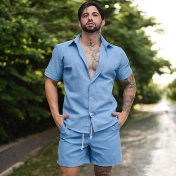 Conjunto de Linho Masculino com Camisa de botão e Bermuda Linho ...