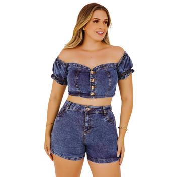 Conjunto Jeans Feminino Marmorizado Lycra Cropped e Short Manga Ombro a ...