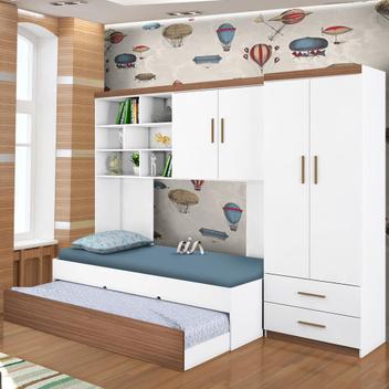 Conjunto Quarto De Solteiro Bicama Guarda Roupa Branco Amadeirado Caio ...