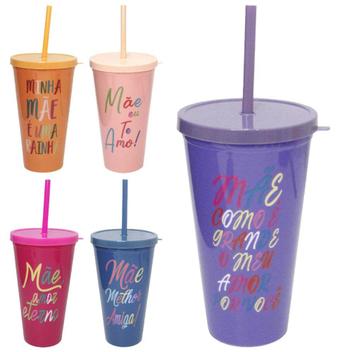 Copo com tampa e canudo de plastico frases mãe 600ml - INTERPONTE - Copos - Magazine Luiza