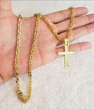 Cordão Banhado A Ouro 18k Modelo Cadeado 5mm Pingente Cruz Vip