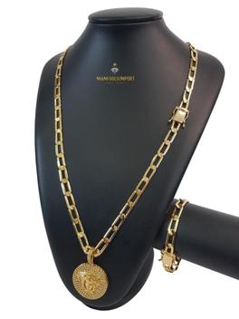 Cordão+Pulseira Grumet Alongado 8mm Pingente Medusa Cravejada Banhado a ...