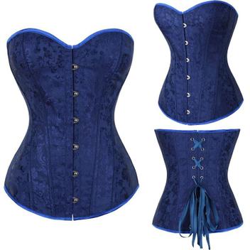 Corpete Corset Corselet Espartilho Modela Cintura Floral Azul Escuro ...