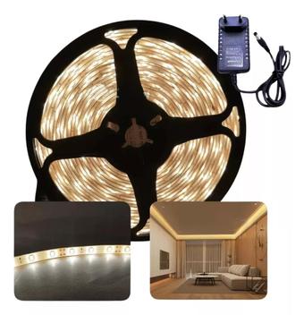 Fita LED COM FONTE 3528 BRANCO QUENTE 5 Metros 300 LEDs Siliconada E ...