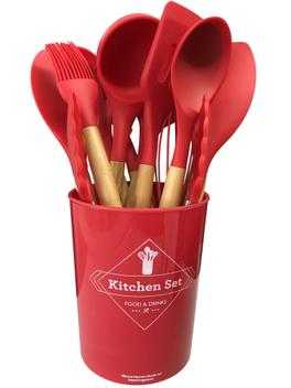 Jogo Kit Com 12 Peças Utensílio De Cozinha Silicone Cabo De Madeira ...