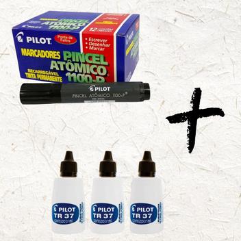 Kit 12 pincel atomico 1100-p pilot preto + 3 tintas reabastecedor preta pilot - Tinta para ...
