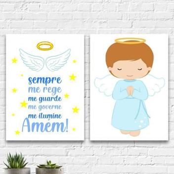 Kit 2 Quadros Infantis Anjo Da Guarda Azul 33X24Cm Preta - Quadros On ...
