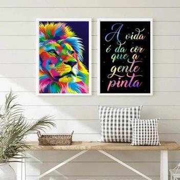Kit 2 Quadros Leão Vida Cor 33x24cm Moldura Branca - Quadros On-Line ...