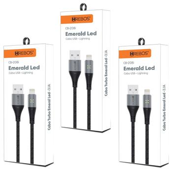Kit 3 Cabos Premium Emerald Led Preto 1,2m USB x Lightning - Hrebos ...