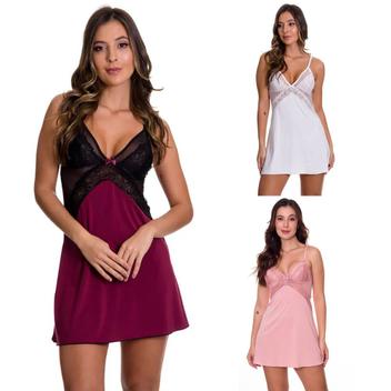 KIT 3 Camisolas em Microfibra e Tule Sem Bojo Estilo Sedutor - DR195-V78 - Camisola Feminina ...